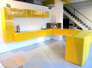 Ex Display Yellow Glass Lago Kitchen with Glass Worktops