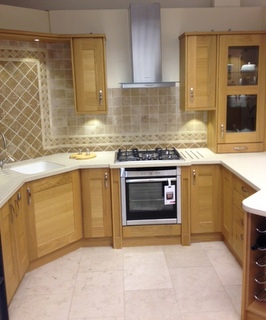 Ex Display Natural Oak Odessa Kitchen, Corian Fossil Worktops and ...