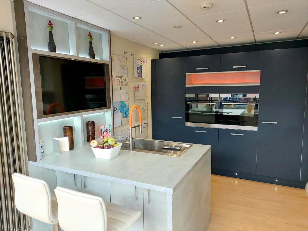 Ex Display Mereway Denim Blue Matt and Painted Light Grey Kitchen with ...