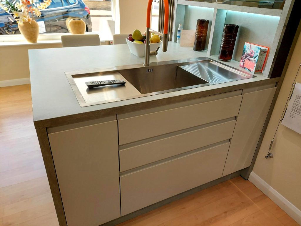 Ex Display Mereway Denim Blue Matt and Painted Light Grey Kitchen with ...
