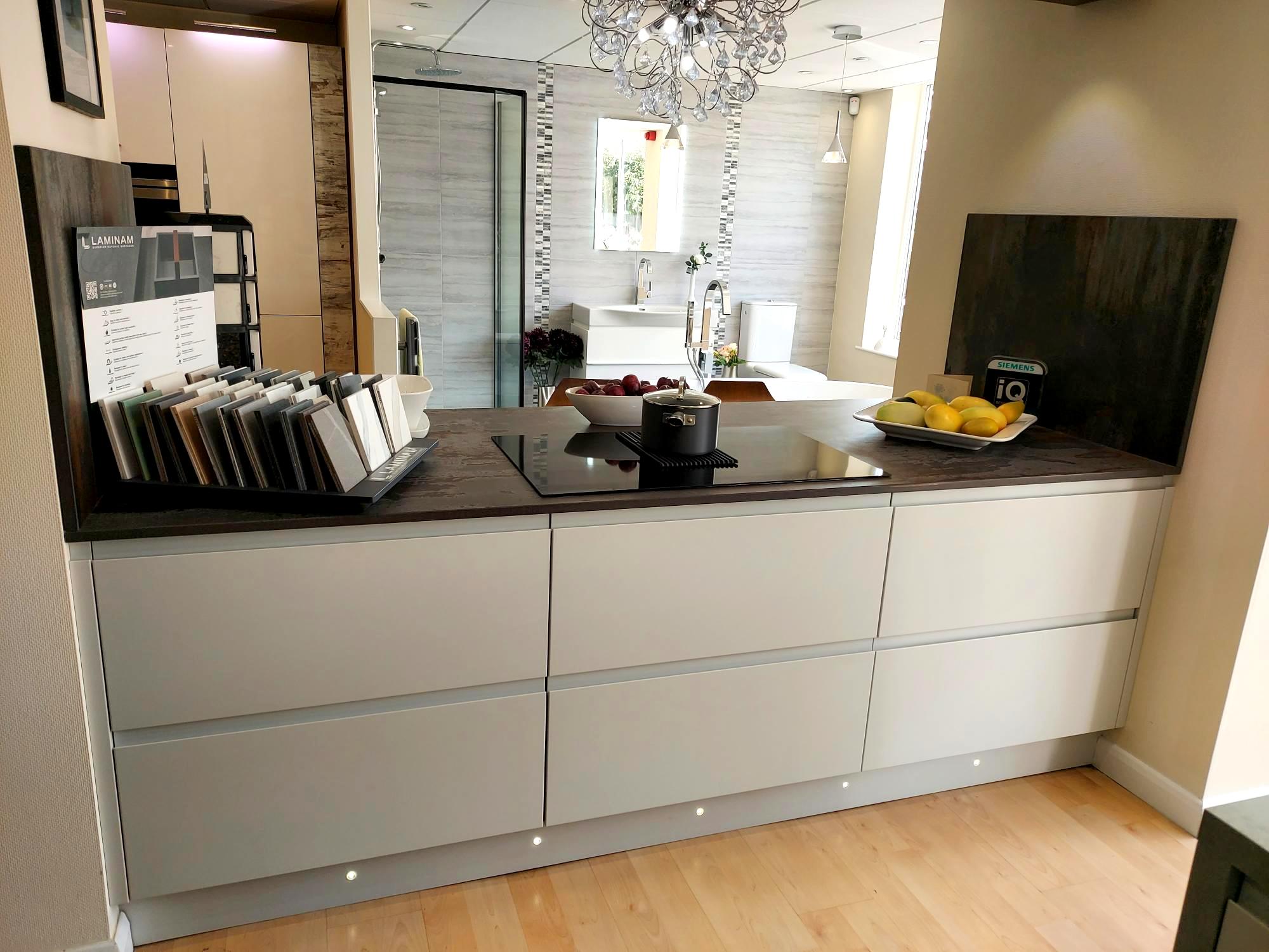 Ex Display Mereway Denim Blue Matt and Painted Light Grey Kitchen with ...
