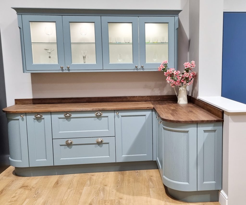 Ex Display Burbidge Solid Ash Kitchen in Fjord Green with Worktops - The Used Kitchen Company
