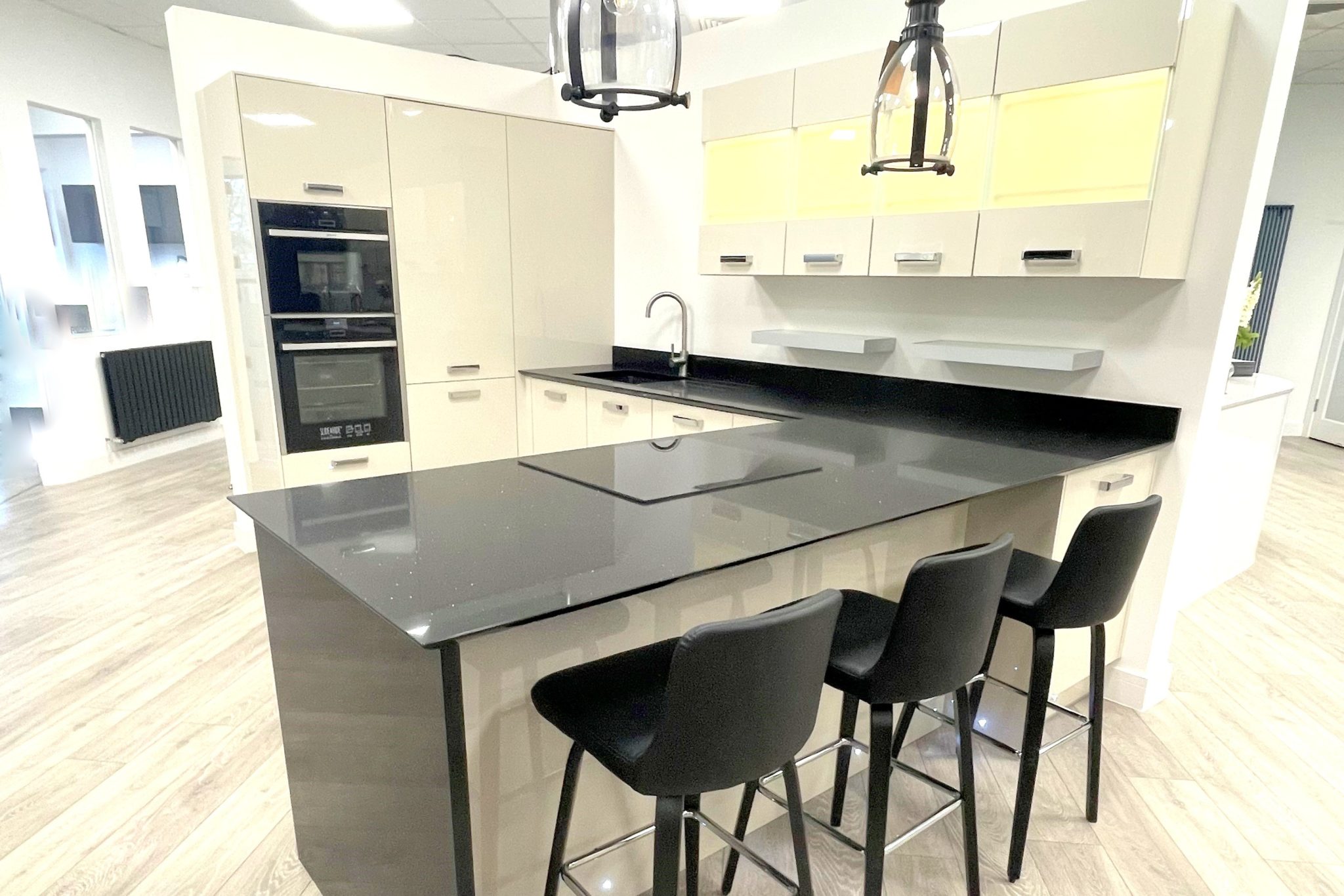 Ex Display Symphony Alta Gloss Mussel Kitchen with Quartz Worktops ...
