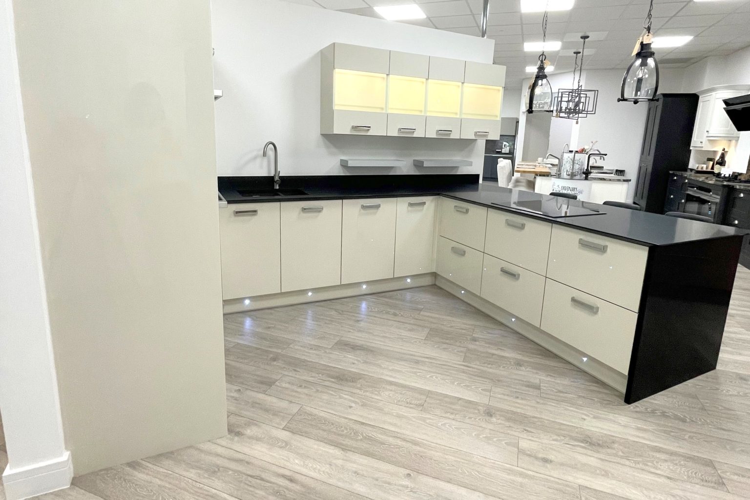 Ex Display Symphony Alta Gloss Mussel Kitchen with Quartz Worktops ...