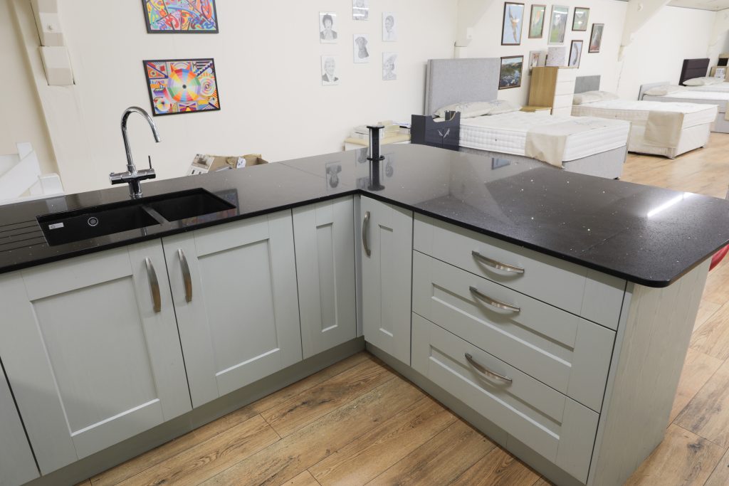 Ex Display Symphony Ashbourne Duck Egg Kitchen With Quartz Worktops and ...
