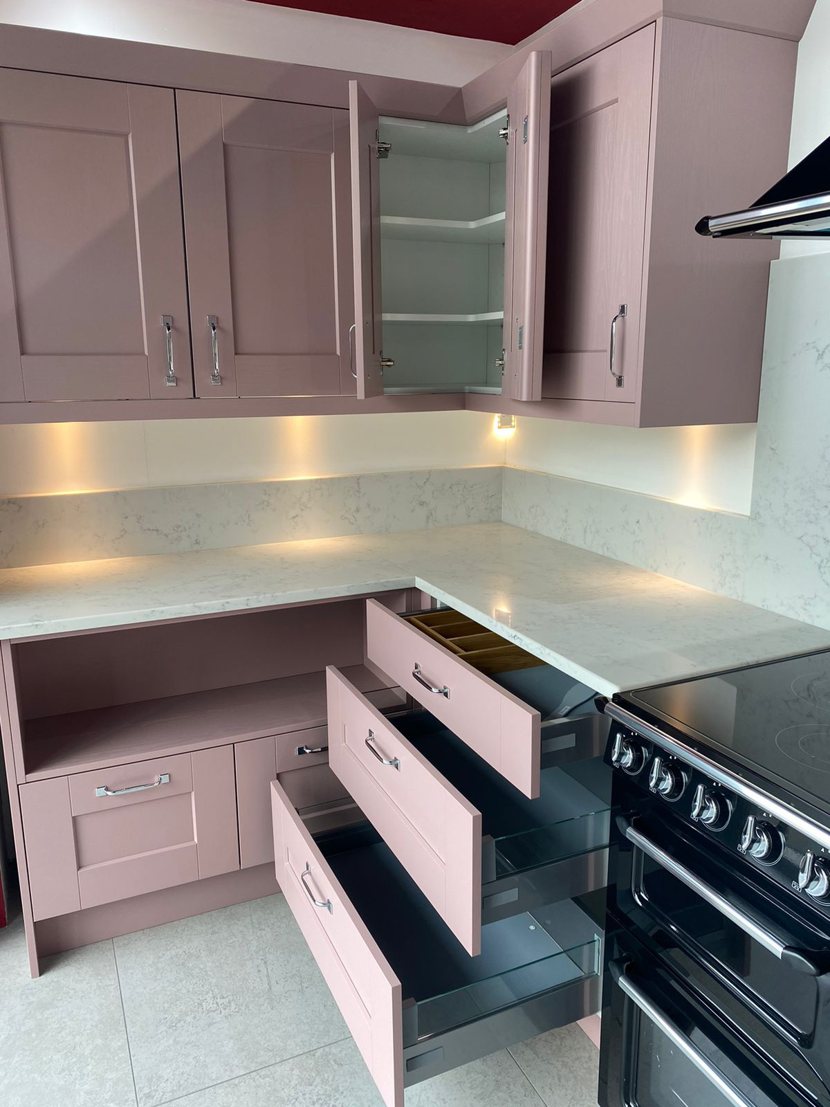 Ex Display Symphony Ashbourne Pink Kitchen With Carrara Worktops - The ...