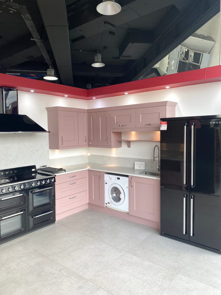 Ex Display Symphony Ashbourne Pink Kitchen With Carrara Worktops - The ...