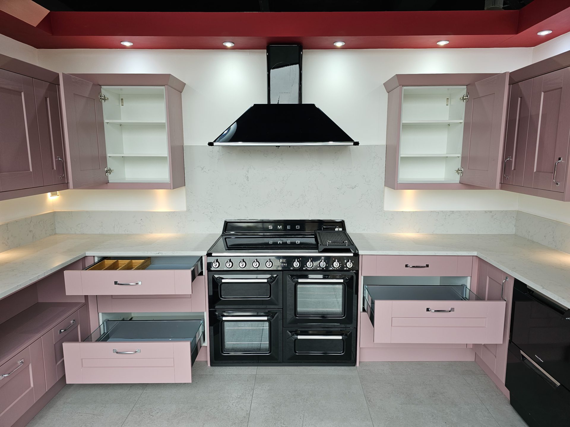 Ex Display Symphony Ashbourne Pink Kitchen With Carrara Worktops - The ...