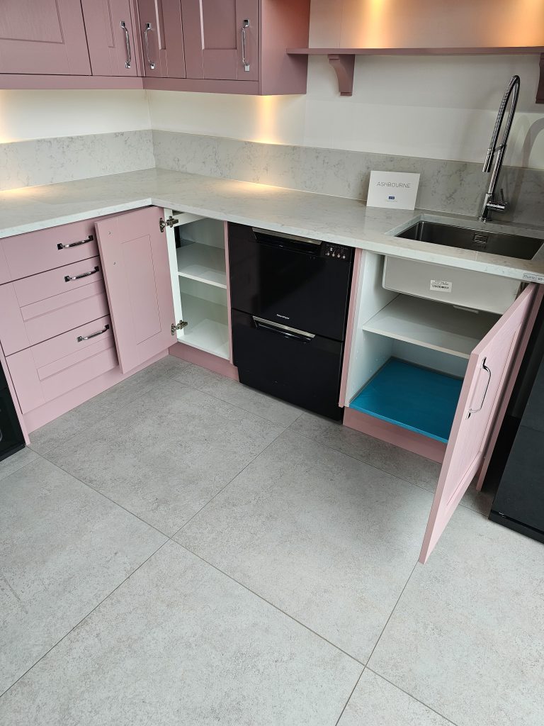 Ex Display Symphony Ashbourne Pink Kitchen With Carrara Worktops - The ...