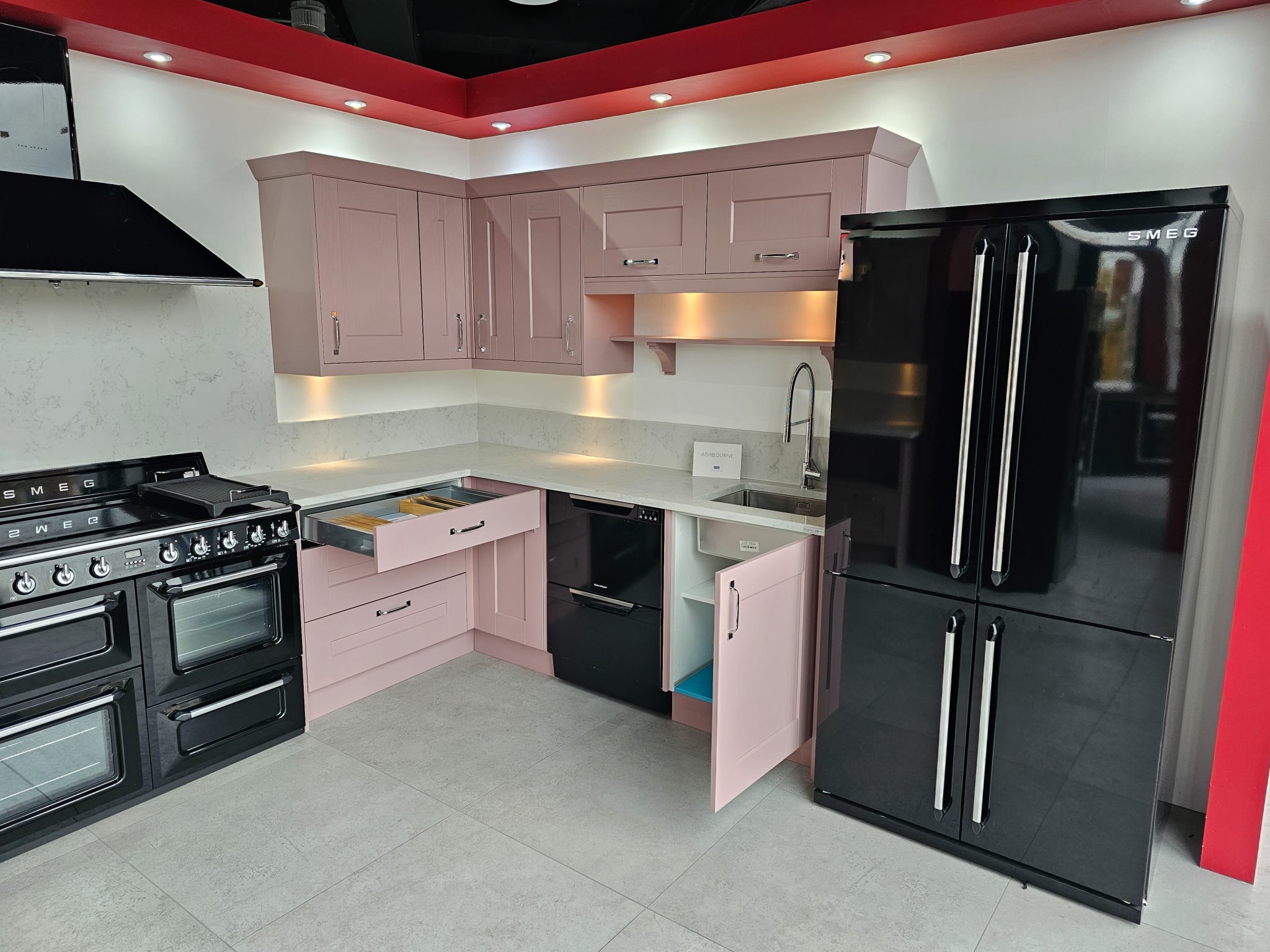 Ex Display Symphony Ashbourne Pink Kitchen With Carrara Worktops - The ...