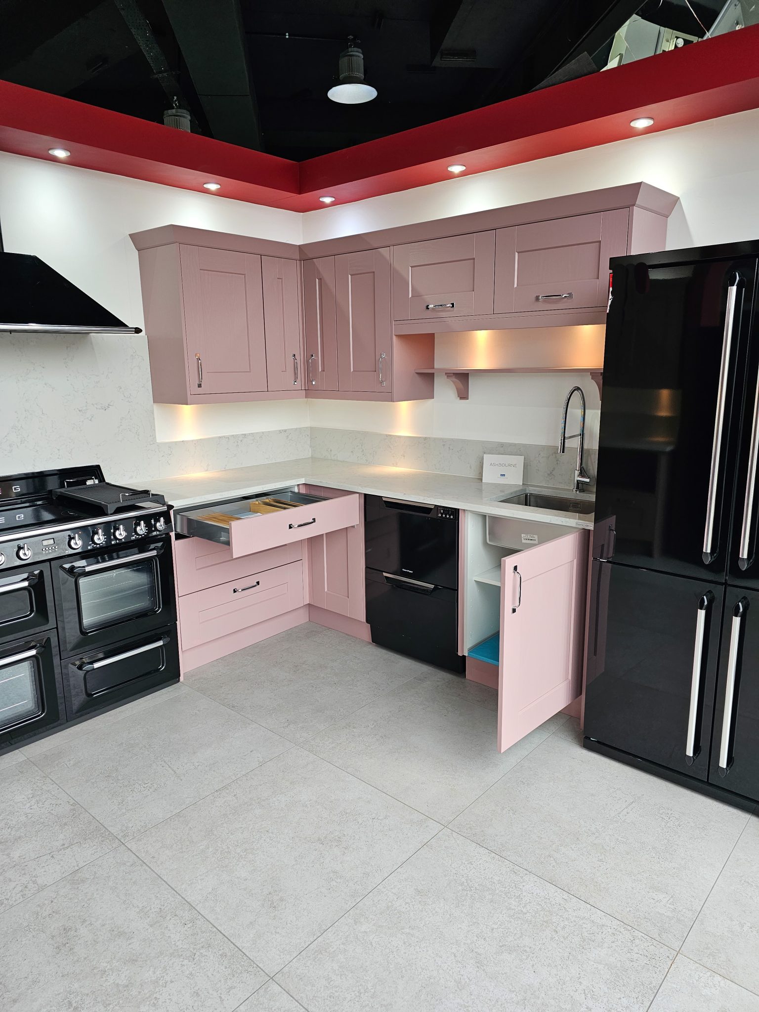 Ex Display Symphony Ashbourne Pink Kitchen With Carrara Worktops - The ...