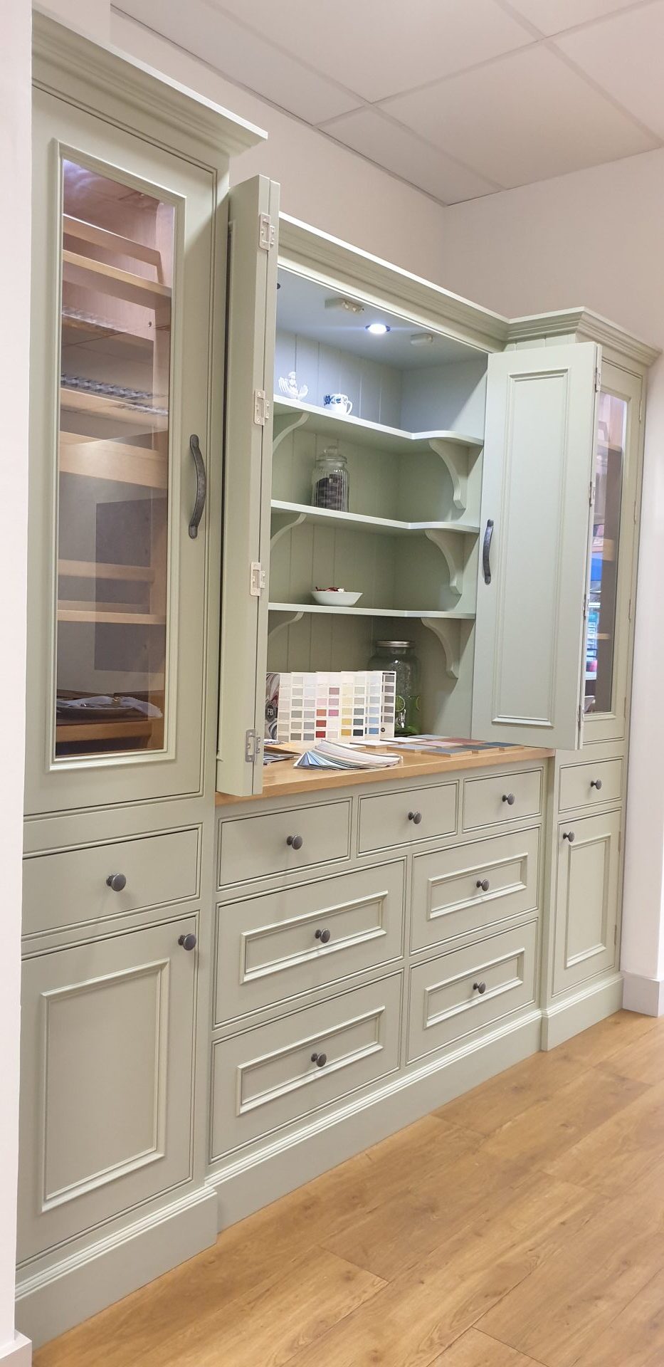 Ex Display Hand Painted Green Beaded Inframe Shaker Pantry with Bifold ...