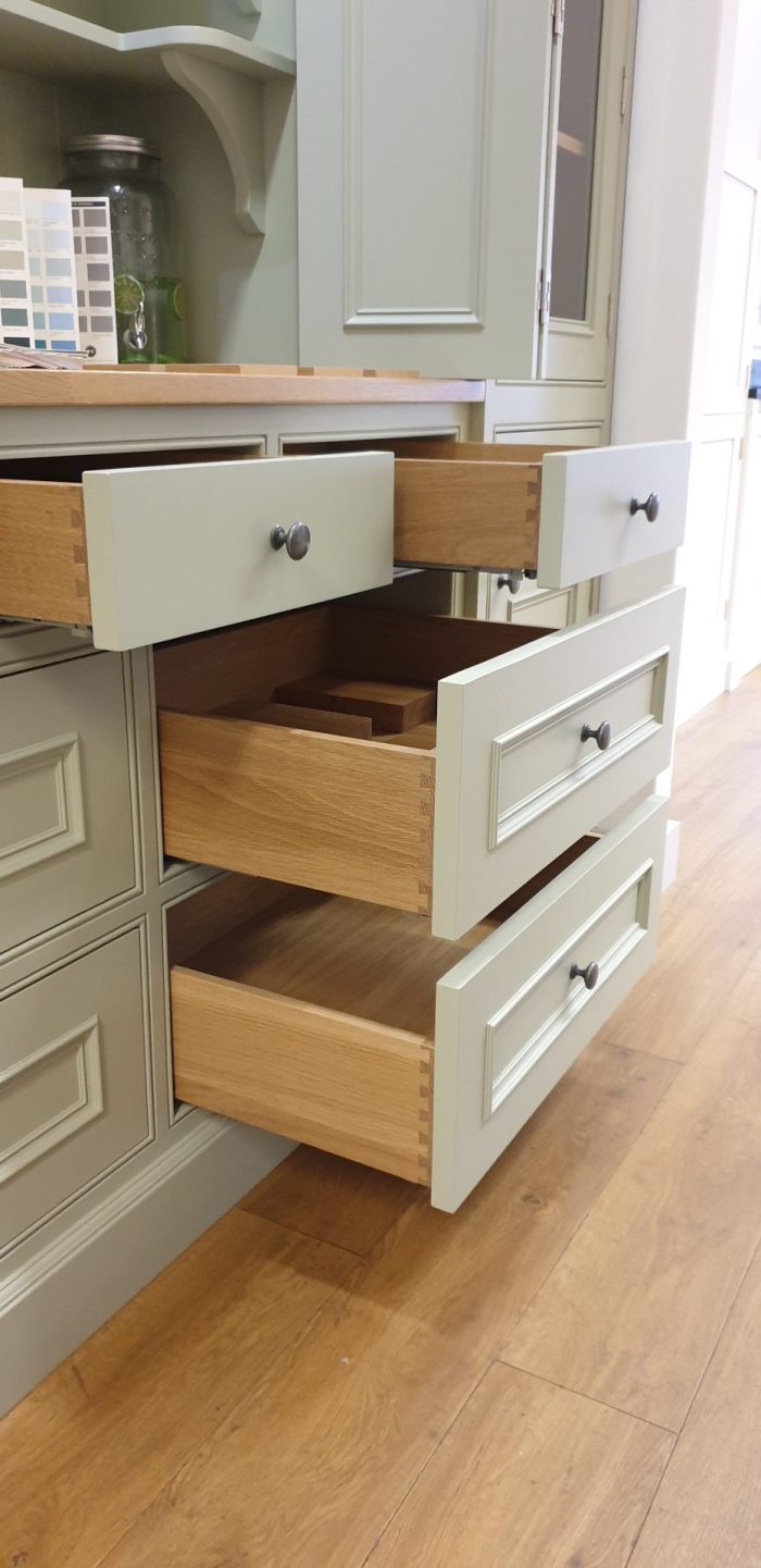 Ex Display Hand Painted Green Beaded Inframe Shaker Pantry with Bifold ...