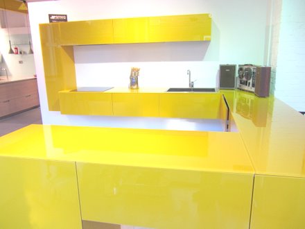Ex Display Yellow Glass Lago Kitchen with Glass Worktops