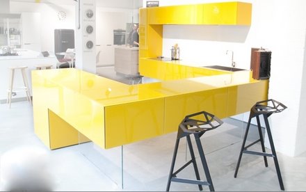 Ex Display Yellow Glass Lago Kitchen with Glass Worktops