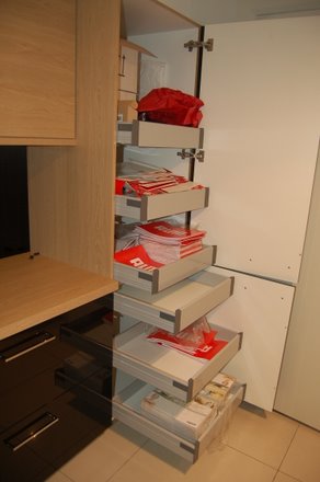 Ex Display Impuls Black Gloss Kitchen With Oak Laminate Units And Worktops