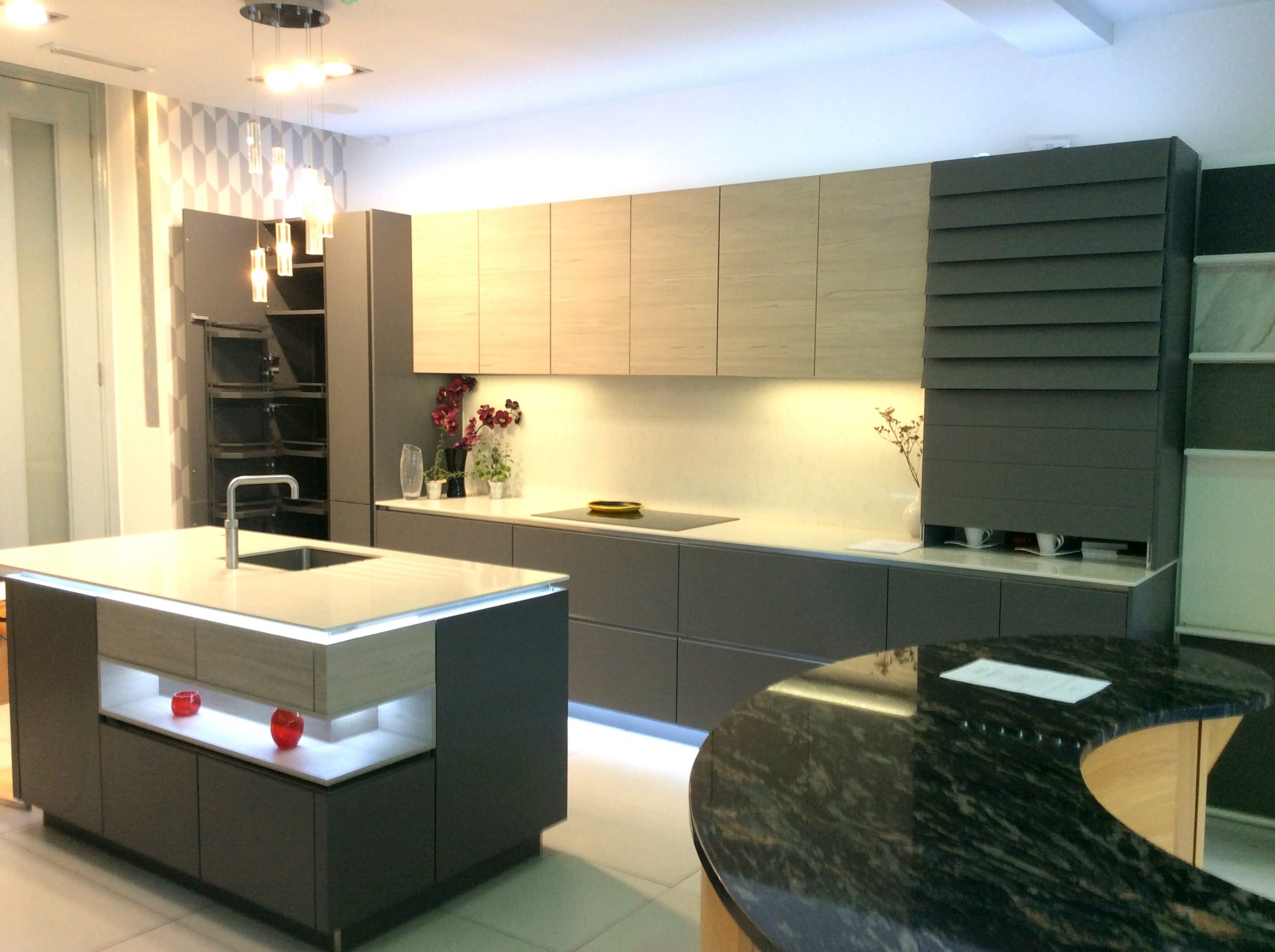 Ex Display Lava Grey and Grey Pine Hacker Kitchen, with Island, Quartz ...