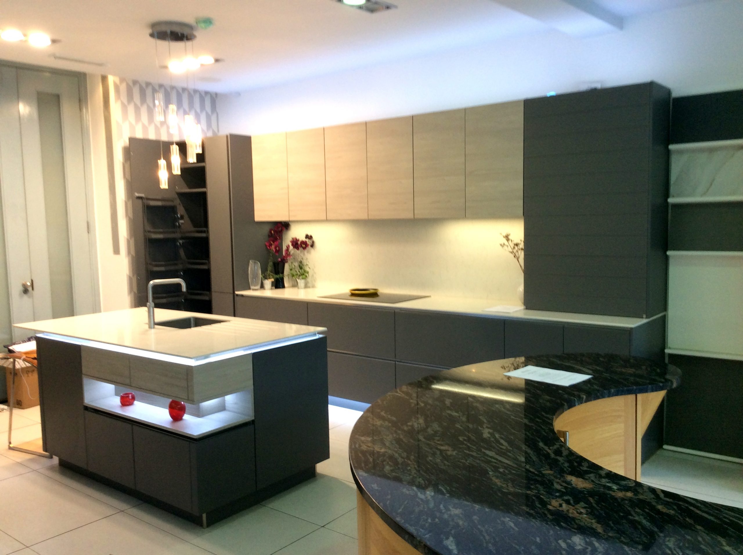 Ex Display Lava Grey and Grey Pine Hacker Kitchen, with Island, Quartz ...