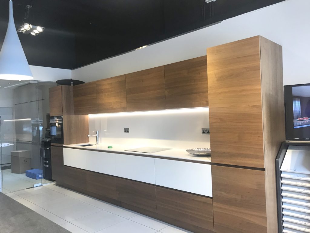 Ex Display Alno Nature Line Walnut and Alno Satina Glass Door Kitchen