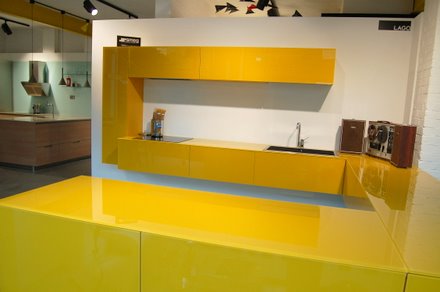 Ex Display Yellow Glass Lago Kitchen with Glass Worktops