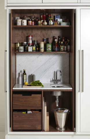 Ex Display Larder Cupboard with Pocket Doors, Carrera Marble Worktops ...