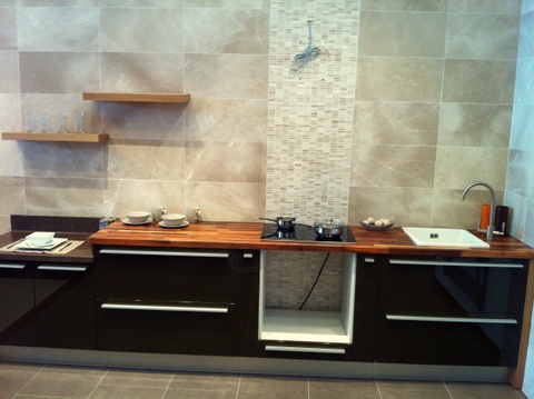 Ex Display Brown Gloss Kitchen with Solid Wood Worktops