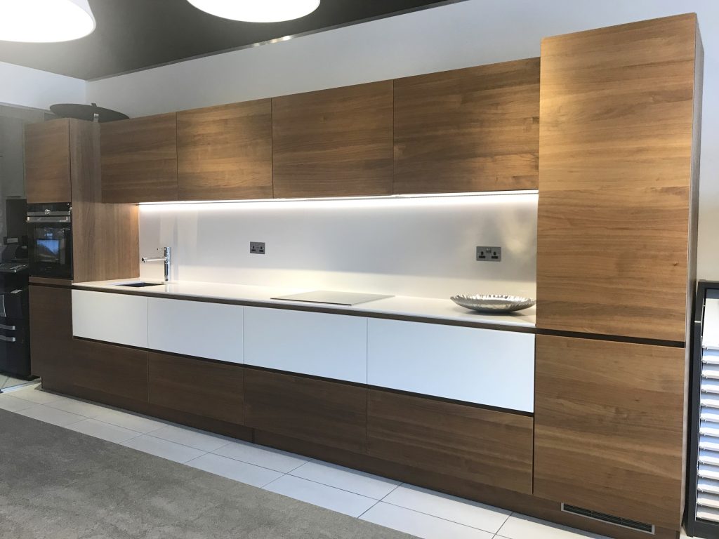 Ex Display Alno Nature Line Walnut and Alno Satina Glass Door Kitchen
