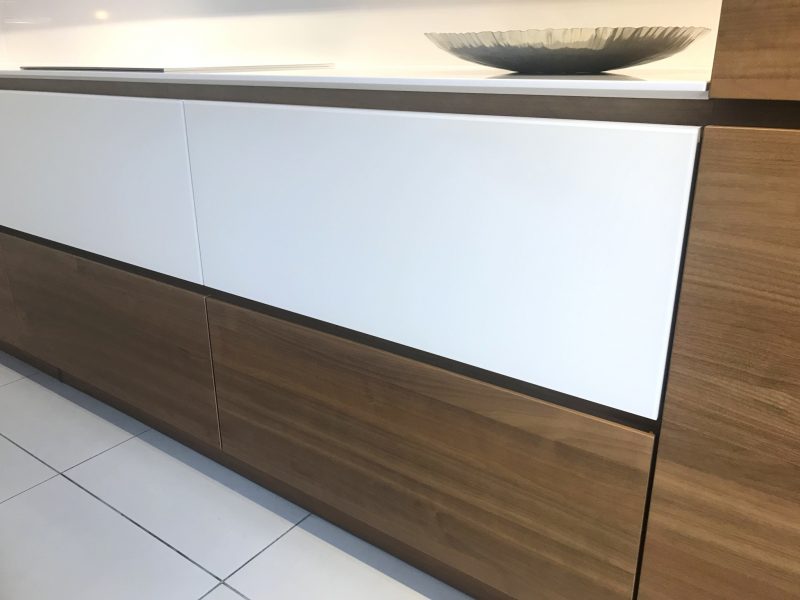 Ex Display Alno Nature Line Walnut and Alno Satina Glass Door Kitchen
