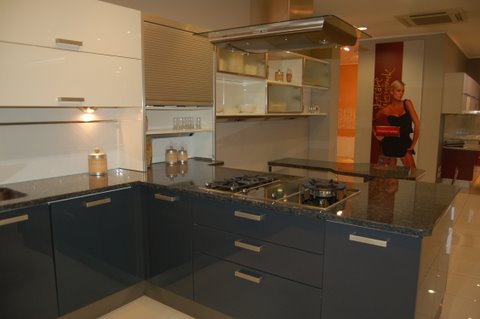 Ex-display Veneta Cucine Prussian Blue and White Gloss Lacquer kitchen ...